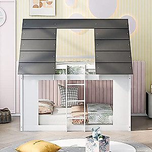 Harper & Bright Designs House Bunk Bed for Kids, Low Bunk Bed Twin Over Twin, Wood Toddler Bunk Beds Frame with Roof and Ladder for Girls Boys, White