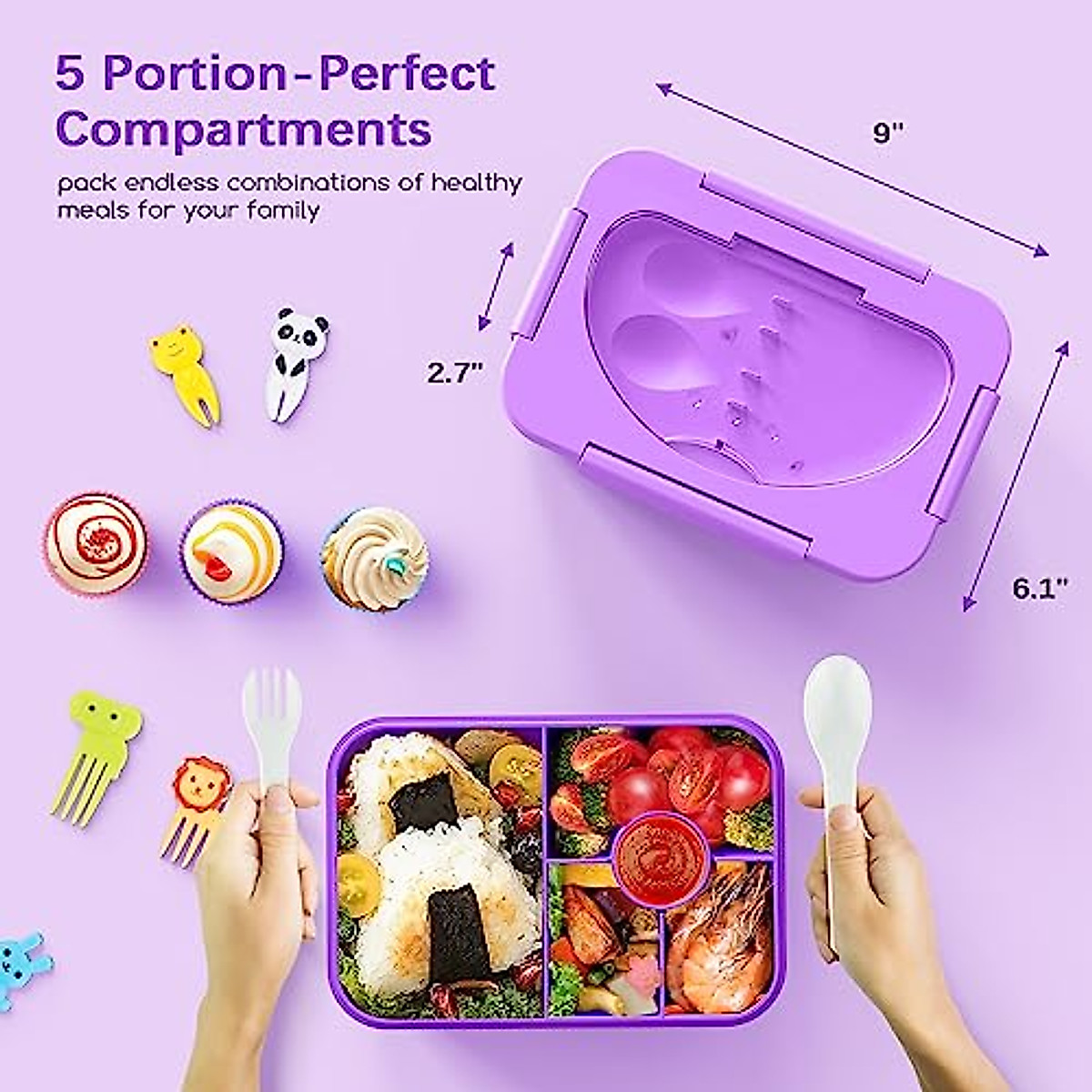 Lunch Box Kids, Bento Box, 1350ML Bento Lunch Box for Kids, Lunch Containers with 5 Compartments Utensils Food Picks Cake Cups, Leak-proof Bento Box Adult Lunch Box for Boys Girls Toddler, Purple