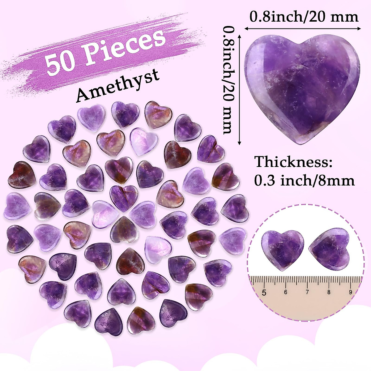 Gerrii 50 Pcs Heart Healing Stone Bulk Quartz Heart Inspirational Stones Gift for Women Love Pocket Polished Natural Energy Balancing Meditation 0.8 Inch(Purple)