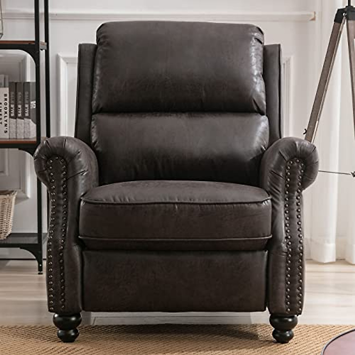 CANMOV Pushback Recliner Chair Leather Armchair Push Back Recliner with Rivet Decoration Single Sofa Accent Chair for Living Room, Dark Grey