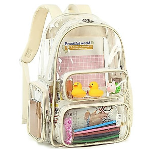 CAMTOP Clear Backpack Heavy Duty PVC Transparent Bag See Through BookBag for Student School Work Festival Sport Travel(17 Inch,Beige)