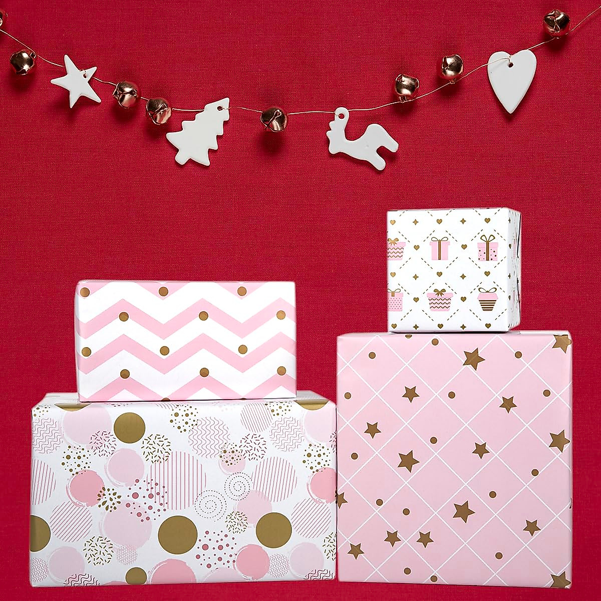 JUSTASHOW Gift Wrapping Paper, 4 Rolls Birthday Wrapping Paper for Girls Women kids adults, 17x118 Inches Per Roll Wrapping Paper for Birthday, Christmas Baby Shower(Pink)