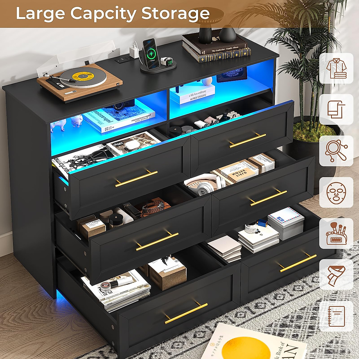 VIAGDO 6 Drawers Dresser for Bedroom with Charging Station & LED Lights, 47.2" Wide Wood Chest of Drawers with Metal Handle, Black Storage Dresser for Closet Bedroom Living Room, Open Storage Cubby