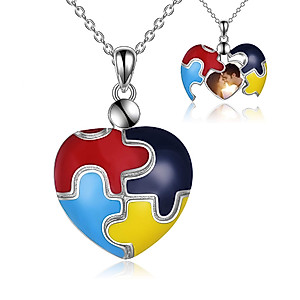 EXRANQO Personalized Autism Awareness Locket Necklace Sterling Silver Autism Awareness Colorful Puzzle Piece Photo Necklace That Holds Pictures Motivational Autism Healing Gifts