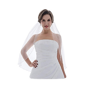 1T 1 Tier Crystals Silver Beaded Wedding Veil V409 - Light Ivory Fingertip Length 36"