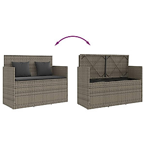 vidaXL Patio Loveseat Bench - Gray Poly Rattan Outdoor Furniture with Cushion Storage & Washable Covers, Weather-Resistant, Powder-Coated Steel Frame - 47.2"x19.7"x35.6"