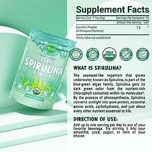 MAJU's Organic Spirulina Powder .5 lb, Microcystin Free, Non-Irradiated, Preferred to Chlorella, Preferred to Hawaiian & Blue Algae, Pure Vegan Green Protein