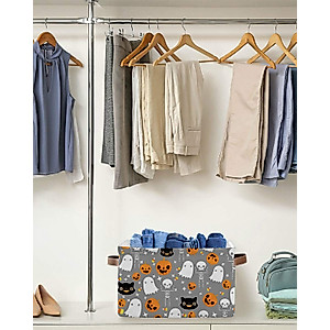 Halloween Grey Cube Storage Organizer Bins with Handles,15x11x9.5 Inch Collapsible Canvas Cloth Fabric Storage Basket,Books Kids' Bin Boxes for Shelves,Closet Spooky Pumpkin Ghost Skull Horror 1 Pack
