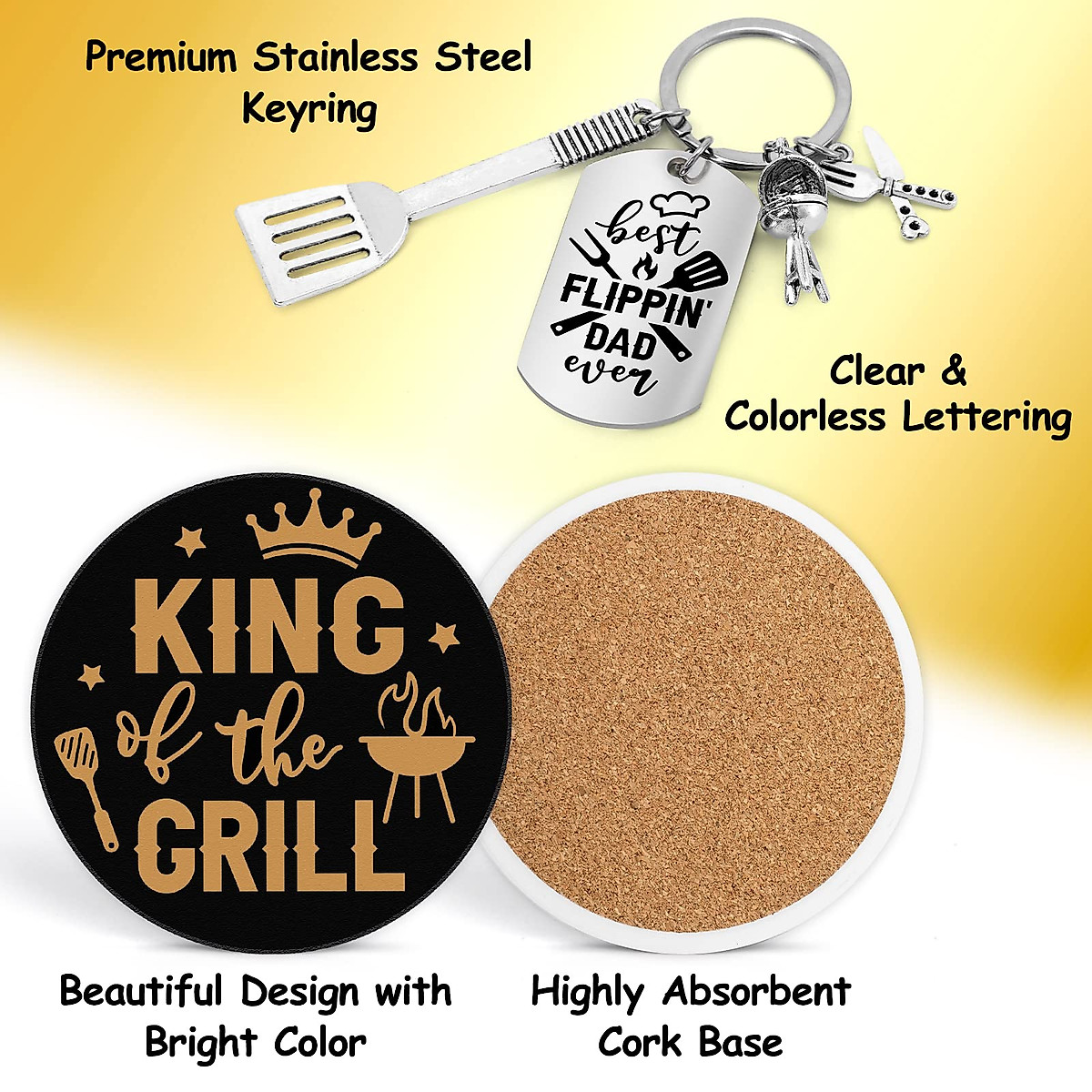 Grill Father Gift Set Funny 16oz Whiskey Beer Glass BBQ Grilling Best Dad Ever Keychain King of the Grill Coaster Gift Blanck Gold Thank You Card for Dad Husband Fathers Day Christmas Gift for Men