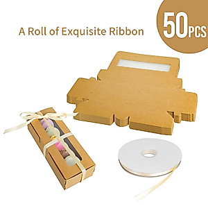 KEJJNYER 50 Pack Kraft Mcaron Boxes for 6, 8x3x2 in Chocolate Covered Strawberry Boxes with Window Mcaron Bakery Cookie Containers for Party Wedding with Ribbon