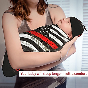 Ykklima Baby Newborn Swaddle Blanket with Beanie Hat- USA Thin Red Line Firefighter Axe Pattern Receiving Blanket Sleep Sack for Girls Boys Infant Gifts