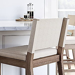 Linus Modern Upholstered Counter Height Bar Stool with Back and Solid Rubberwood Legs in a Wire-Brushed Grey Finish, Natural Flax/Brown