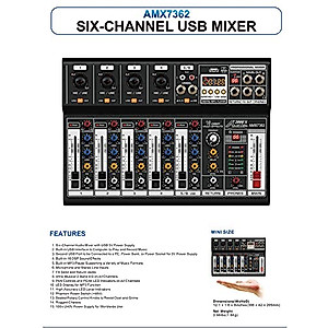 Audio2000'S AMX7362 Six-Channel Audio Mixer with USB 5V Power Supply, USB Interface, and Sound Effect