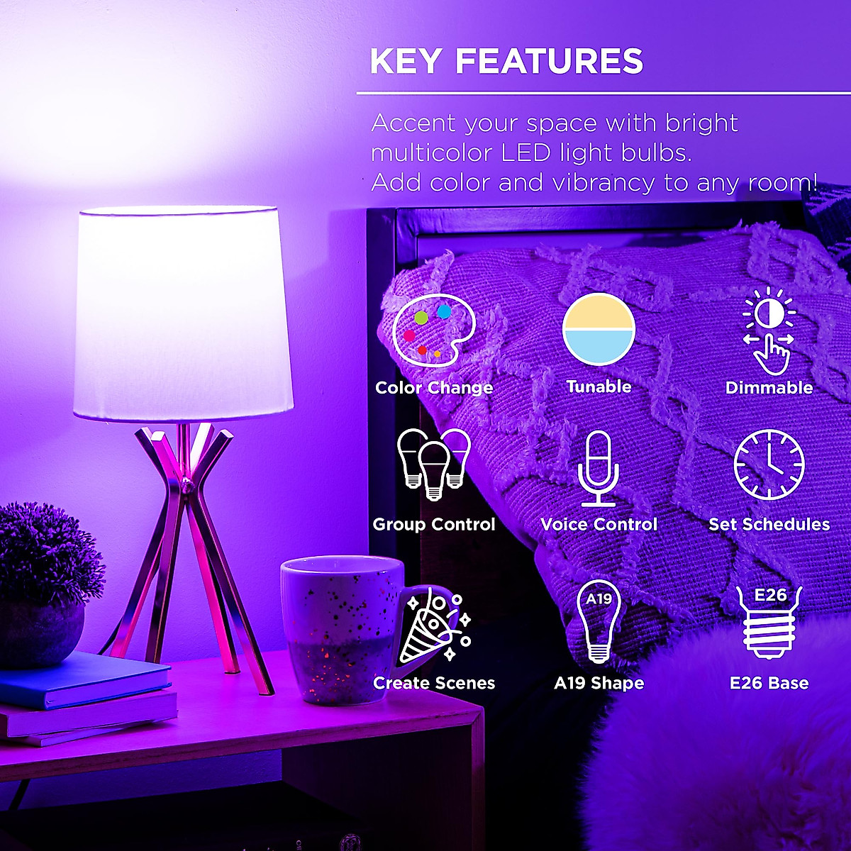 Merkury Smart A19 Color Changing Light Bulbs - 2-Pack, Dimmable, Compatible with Alexa and Google Assistant