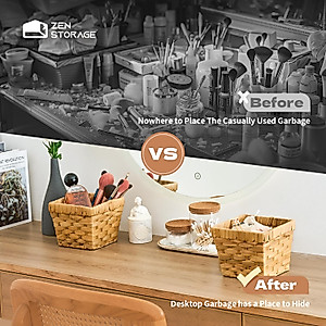 ZenStorage Mini Wicker Trash Can, Handmade Water Hyacinth Countertop Garbage Basket, 0.5Gal/1.5L Small Desktop Waste Bin Compatible for Camping/Vanity/Countertops/Office, 5.7”x5.7”x4.7'' Natural