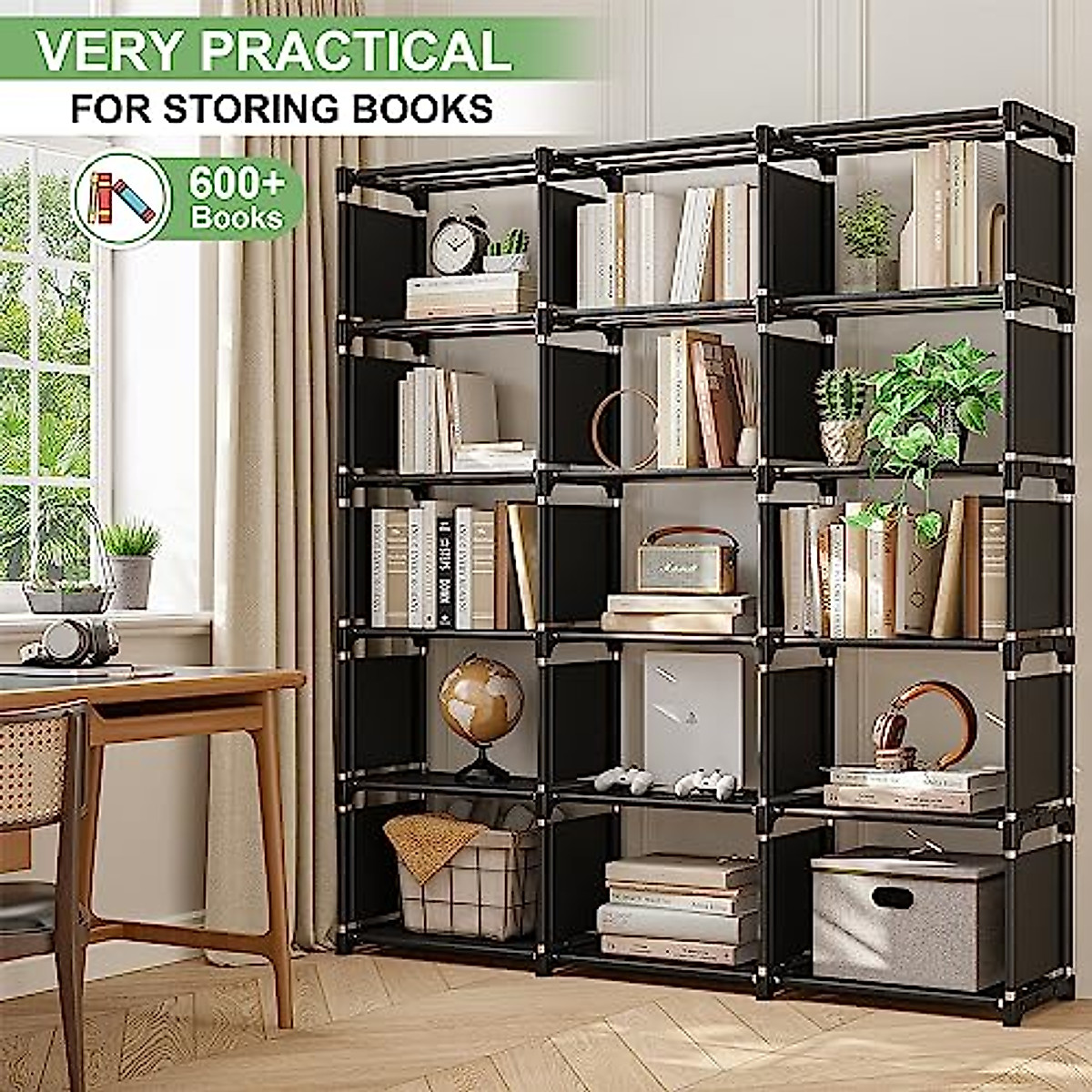 REIBII Bookshelf for Bedroom Book Shelf Organizer Bookcase Tall Book Case 15 Cube Storage Organizer Cube Shelf Black Cubby Storage Organizer Shelves for Bedroom Living Room Closet Office DIY