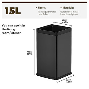 YOJIA 4 Gallon/15L Square Trash bin, Double Layer Bathroom Trash cans,Large Capacity,Elegant Garbage Can, for Home,Kitchen,Office,Hotel(15L Black)