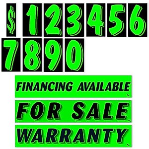 VERSA-TAGS 7.5" Black/Green Vinyl Number Decals 11 Dozen Set Windshield Pricing & 1 Pack of Each of Financing Available, for Sale, Warranty 14.5" x 2.75" Sticker Windshield Decal Auto Dealership