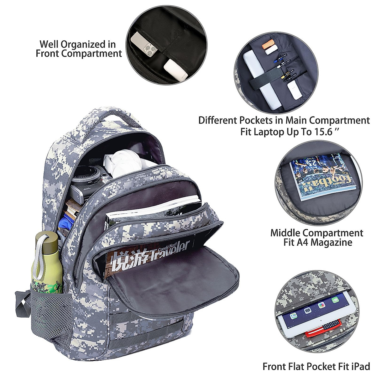 outdoor plus Camo Backpack,Military Teen Boys Backpacks for School, Army Bookbag with USB Charging Port,40L (a-BLACK CAMO-40L)