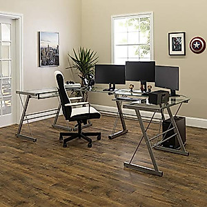 Walker Edison Ellis Modern Glass Top L Shaped Corner Gaming Desk with Computer Keyboard Tray, 51 Inch, Silver