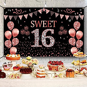 Trgowaul Sweet 16 Birthday Decorations for Girls,Rose Gold Sweet 16 Photo Backdrop Banner, Sixteen Birthday Party Sign Photography Supplies, Pink Sweet 16 Decorations Poster Background Decor