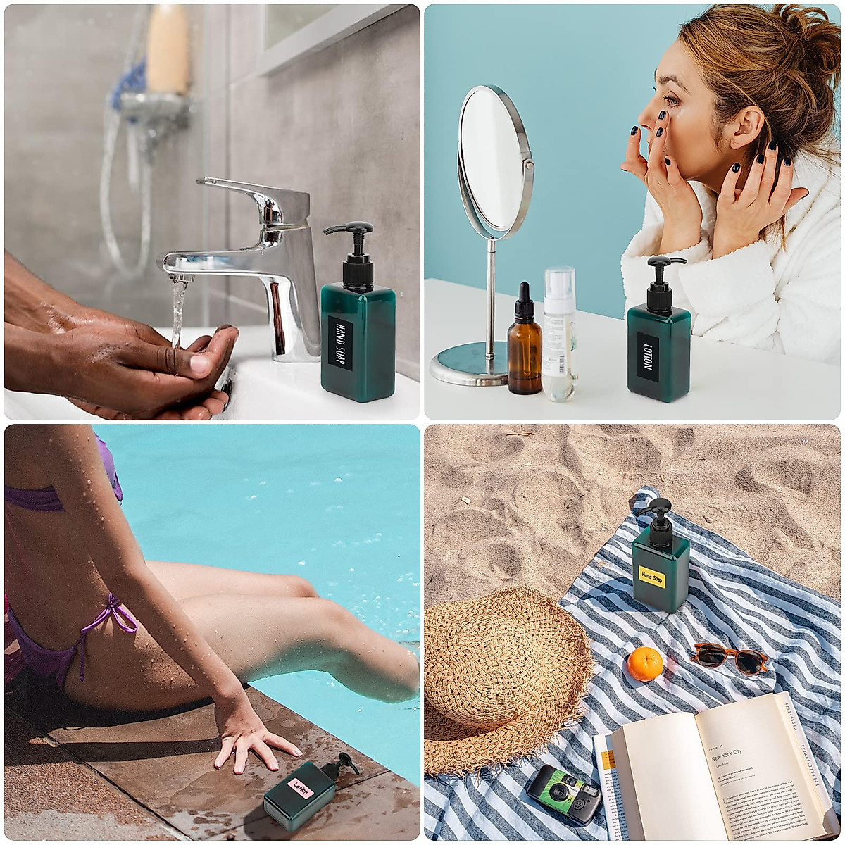 Segbeauty Refillable Soap Dispenser, 4 Pack 6.8oz Plastic Square Press Pump Bottles, 200ml Empty Travel Containers Lotion Cosmetic Bottle Set for Hand Wash Shampoo Conditioner Shower Gel Essential Oil