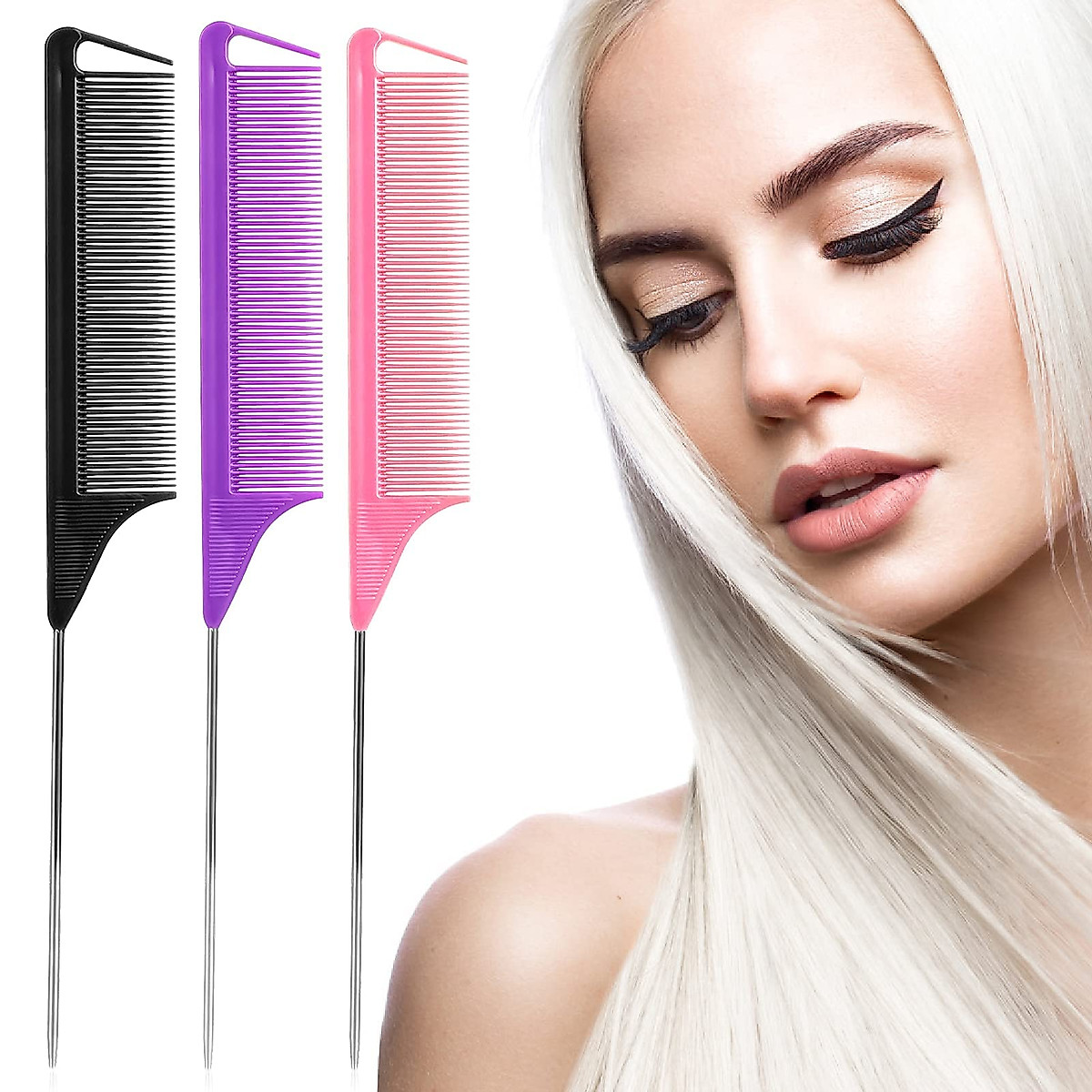 Rat Tail Combs Set: 3Pcs Long Steel Pin Teasing Combs for Salon Hair Stylists, Metal Parting Combs for Women (Purple, Black, Pink)