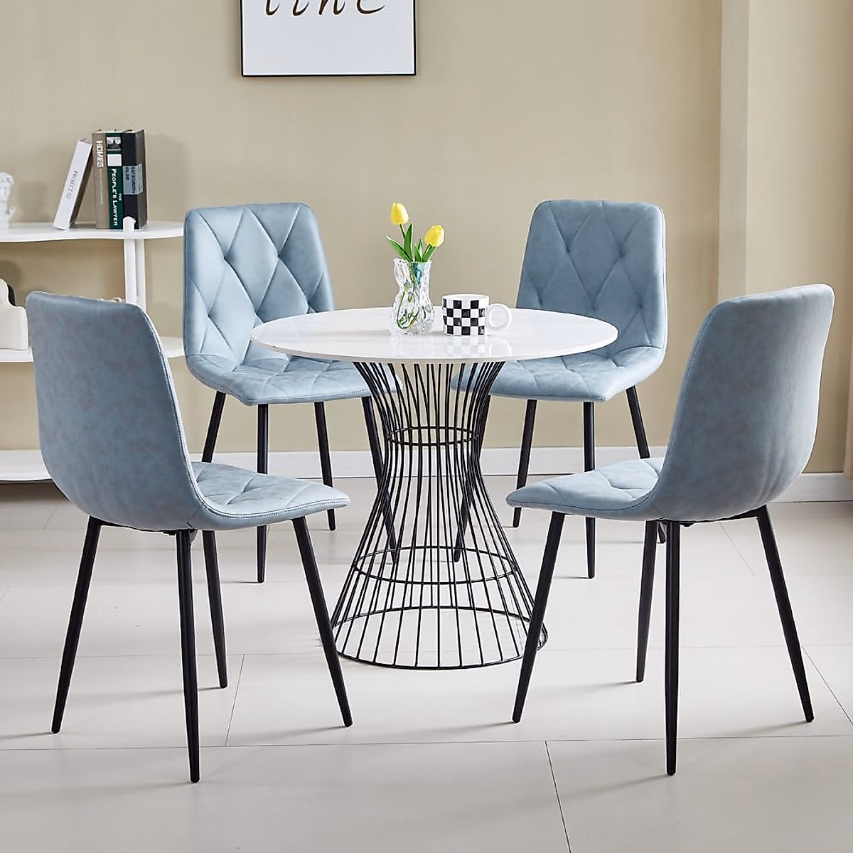 Btrpily 4 Set of Dining Chairs, Metal Frame Dining Chair for Kitchen Room,Technology Cloth Seat Chair for Living Room, Bedroom(Light Blue)