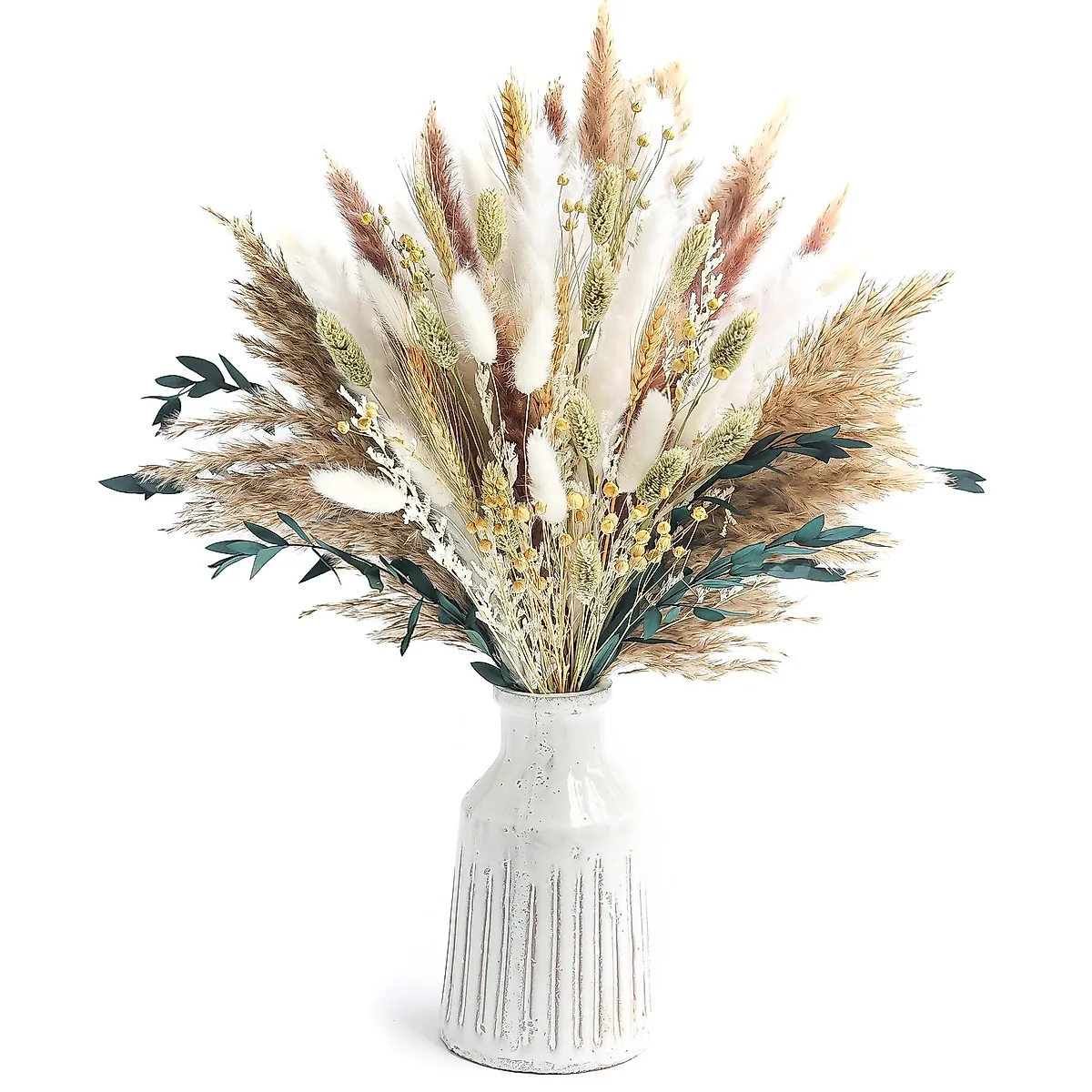 126pcs Dried Pampas Grass Decorations, Dried Flowers, Dried Bouquet in Vase, Reed Grass Bouquet for Bohemian Floral Home Wedding, Table Centerpieces, Rustic Farmhouse Decor. (Vase Not Included)