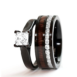 His & Hers Natural Koa Wood CZ 3 pcs Surgical Black Stainless Steel Engagement Wedding Rings set (Size His 10, Hers 08)