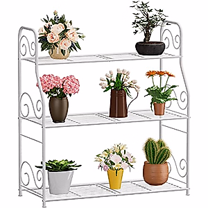 OVICAR Metal Plant Stand Rack - 3 Tier Indoor Outdoor Plant Display Shelf Flower Pot Holder For Garden Patio Balcony Porch Corner Living Room , Multiple Storage Shelf For Home Use (White)