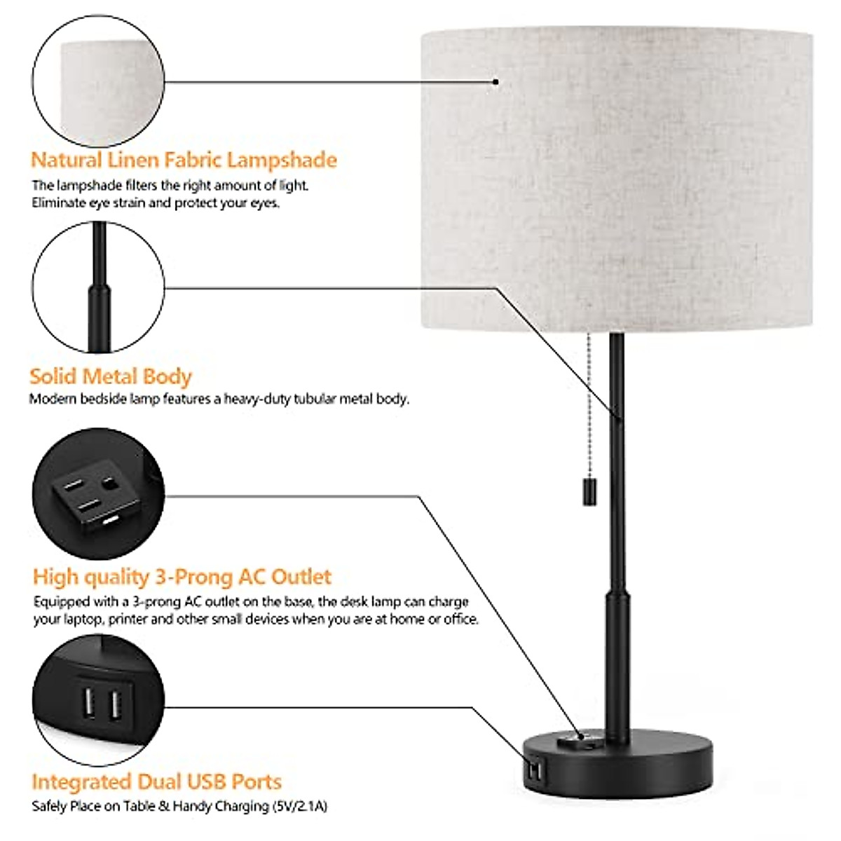 JS NOVA JUNS Table Lamps, Bedside Lamp Set of 2 with Dual USB Ports and 3-Prong AC Outlet, Modern End Table Nightstand Light Perfect for Bedroom, Living Room, Study Room, LED Bulbs Included