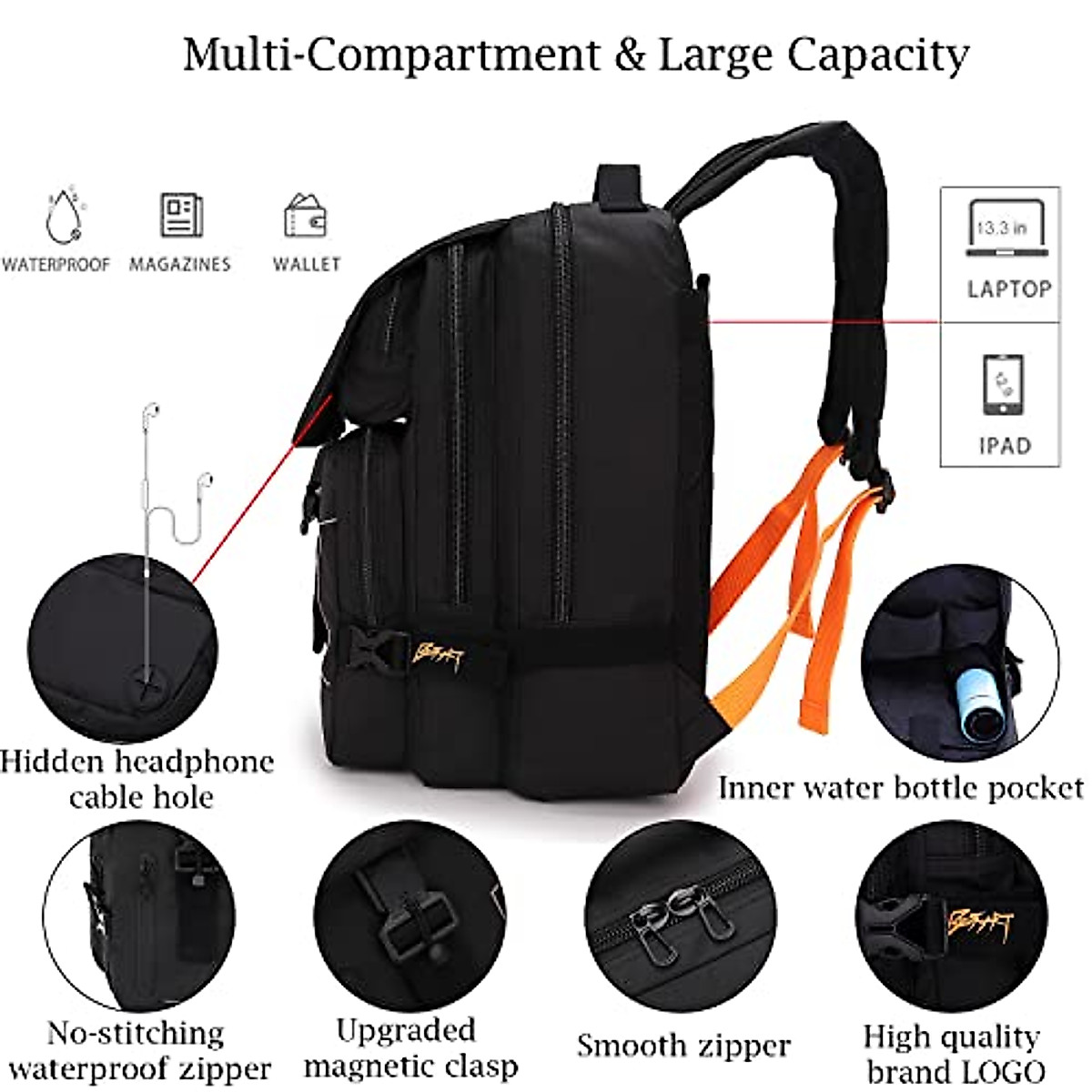 BE SMART Hiking Outdoor Travel Backpack with Cyberpunk Design, Water-Resistant Laptop Daypack Book Bag with Multi-Layer for Men & Woman （Black）