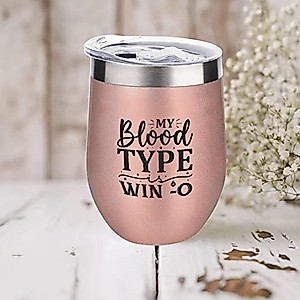 Mighun Wine Tumbler with Lid My Blood Type Is Win Vacuum Coffee Tumbler Stainless Steel Coffee Cup for Cold & Hot Drinks Wine Coffee Cocktails Beer (12 Oz, 1 Pack)
