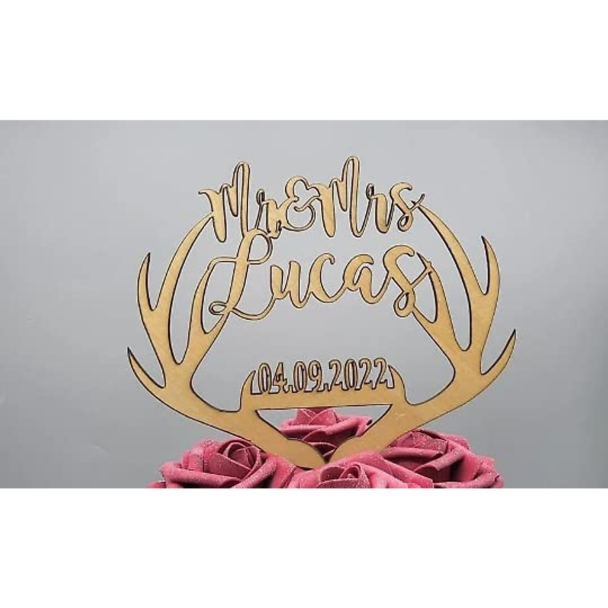 Personalized Antler Wedding Cake Topper, Script Name Wedding Cake Topper, Rustic Wedding Cake Topper, Country Wedding Cake Topper, Personalized deer topper, Stained wood topper for wedding