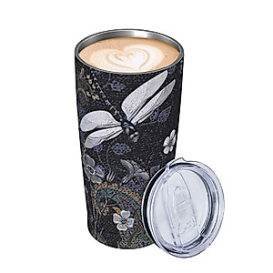 EVANEM 20 Oz Stainless Steel Tumbler With Straw Cleaner Dragonflies Grey Printed Insulated Cup Travel Coffee Mug Vacuum Insulated Tumblers For Home Office