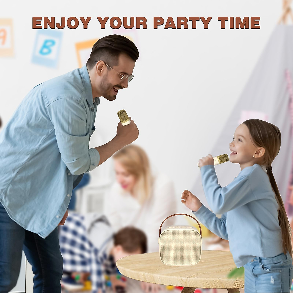 IROO Mini Karaoke Machine with 2 Wireless Microphone,Bluetooth Speaker for Kids and Adults,Gifts for Girls and Boys 4, 5, 6, 7, 8, 9, 10 +Year Old Birthday Party Home (Beige)