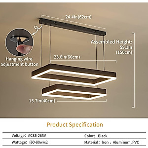 Modern Chandeliers for Living Room, 2-Ring Rectangles Pendant Light Kitchen Island Fixtures, Dimmable LED Chandelier for Dining Room Bedrooms, Black (40CM/60CM)