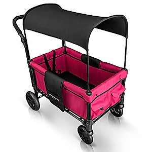 WONDERFOLD W1 Original Double Stroller Wagon (2 Seater) - Collapsible Wagon Stroller with Seats with 5-Point Harnesses, Adjustable Push Handle, and Sun Canopy, Fuschia Pink