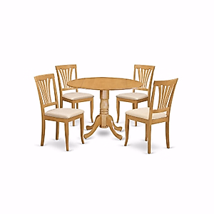 East West Furniture DLAV5-OAK-C 5 Piece Kitchen Table & Chairs Set Includes a Round Dining Table with Dropleaf and 4 Linen Fabric Dining Room Chairs, 42x42 Inch, Oak