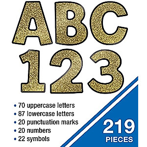 Carson Dellosa 4 In. Gold Glitter Bulletin Board Letters for Classroom, Alphabet Letters, Numbers, Punctuation & Symbol Cutouts, Gold Glitter Letters for Bulletin Board (219 pcs.)
