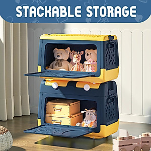 JIPORIER Toy Box Chest with Lid, Dinosaur Collapsible Storage Organizer for Kids Boys Girls, Plastic Stackable Toddler Toy Bins with Building Block Lid (Blue)