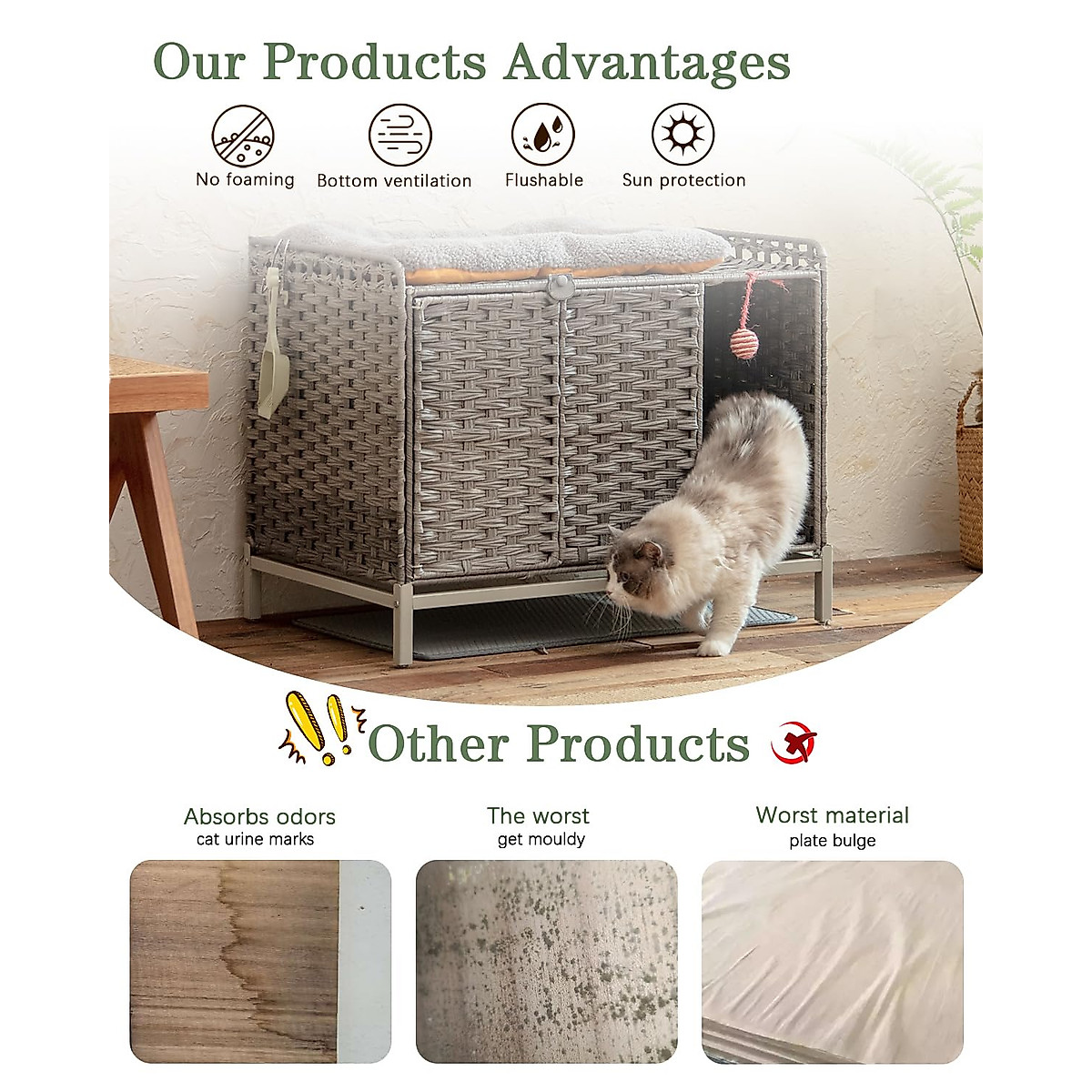 SETVSON Cat Litter Box Enclosure Cat Litter Box Furniture with Divider, Rattan Litter Box Enclosure with Cat Litter Mat, 31.2×19.6×24.2 Inches Hidden Cat Litter Box Cat House for Living Room (Gray)