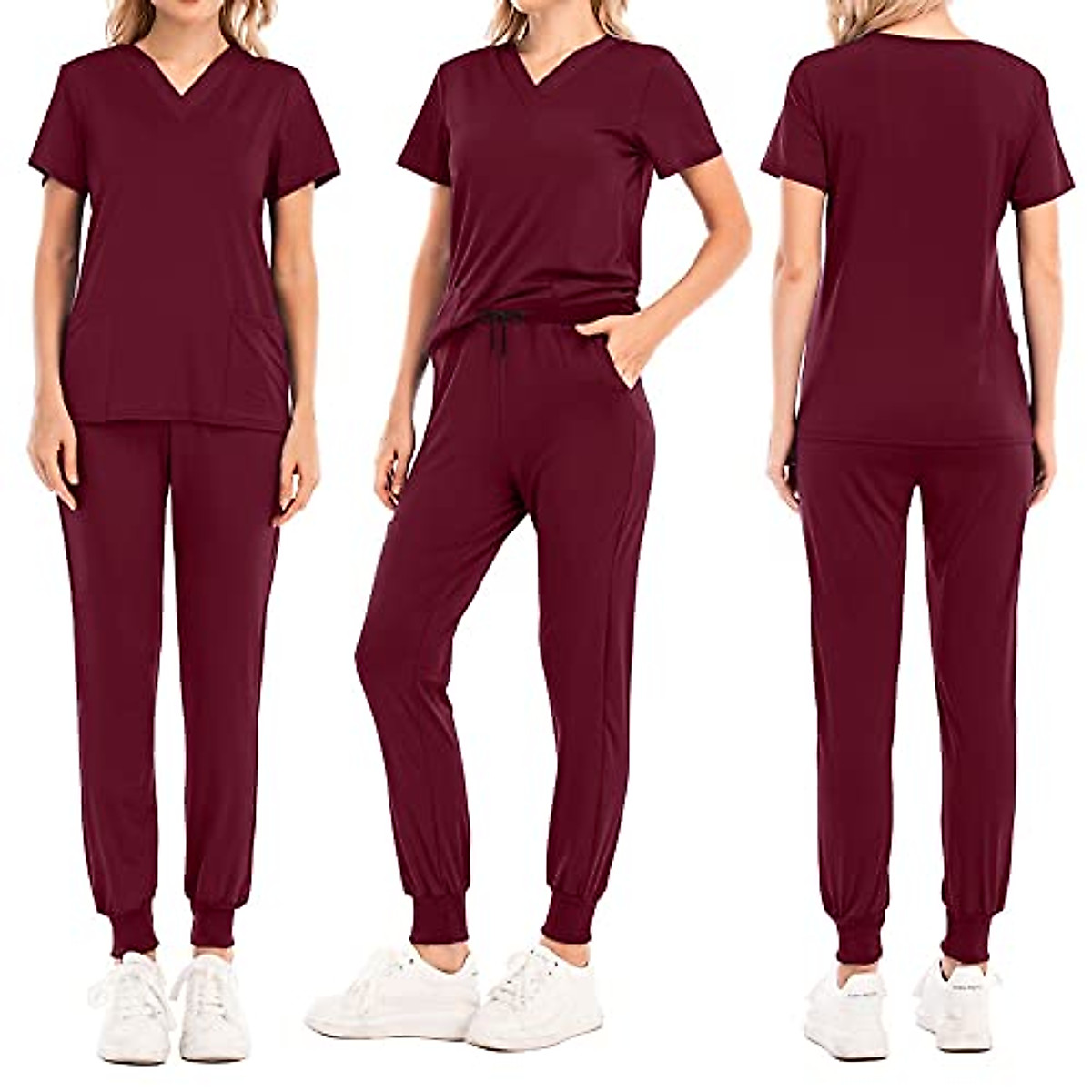 Scrubs Set for Women Joggers V-Neck Pocket Top Uniforms Athletic Stretch Set Workwear Drawstring Threaded Pant Legs