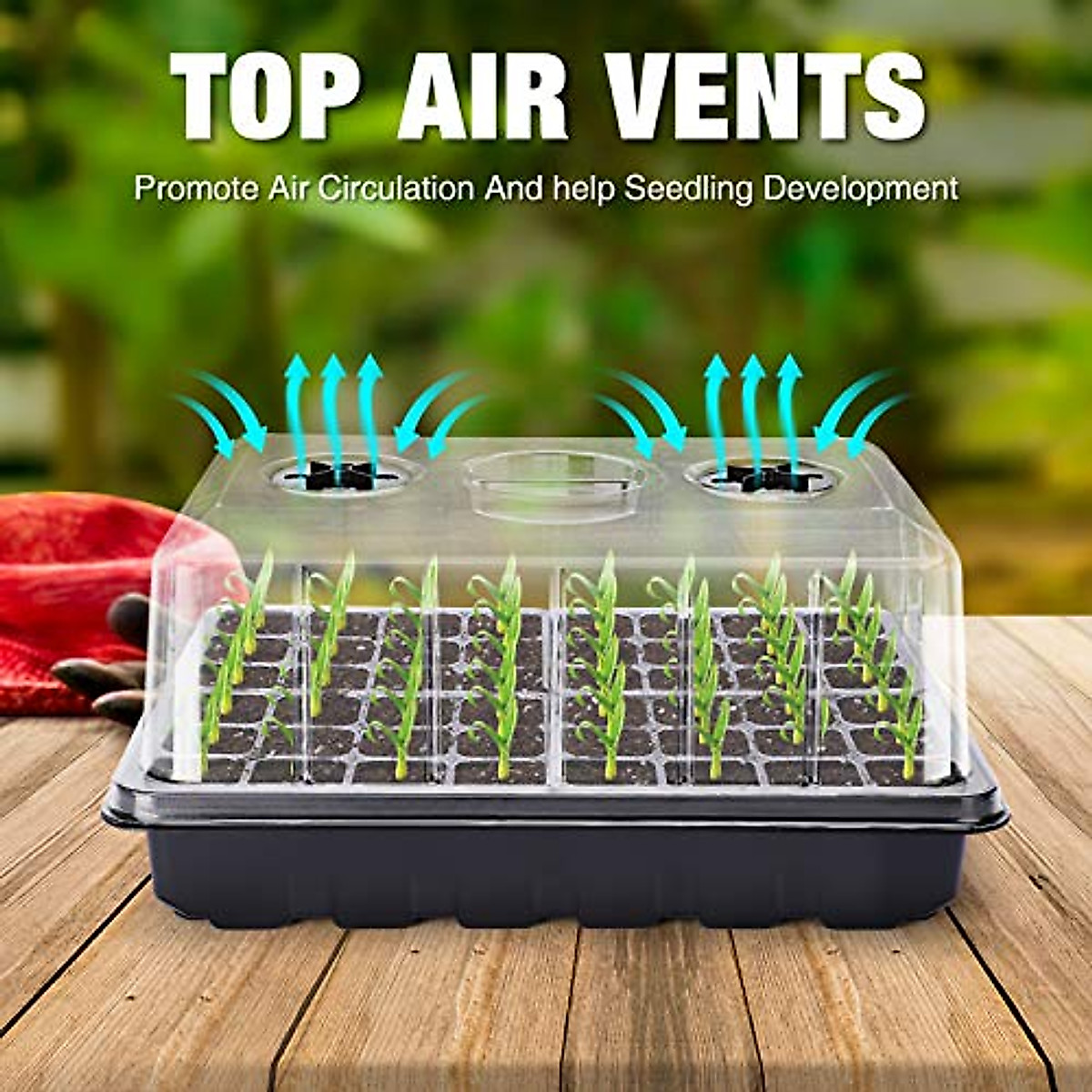 Delxo 3-Pack Seed Starter Tray Seedling Kit Tray (48 Cells per Tray) Humidity Adjustable Plant Germination Kit Garden Seed Starting Tray with Clear Dome and Black Base Plus Plant Tags Hand Tool Kit