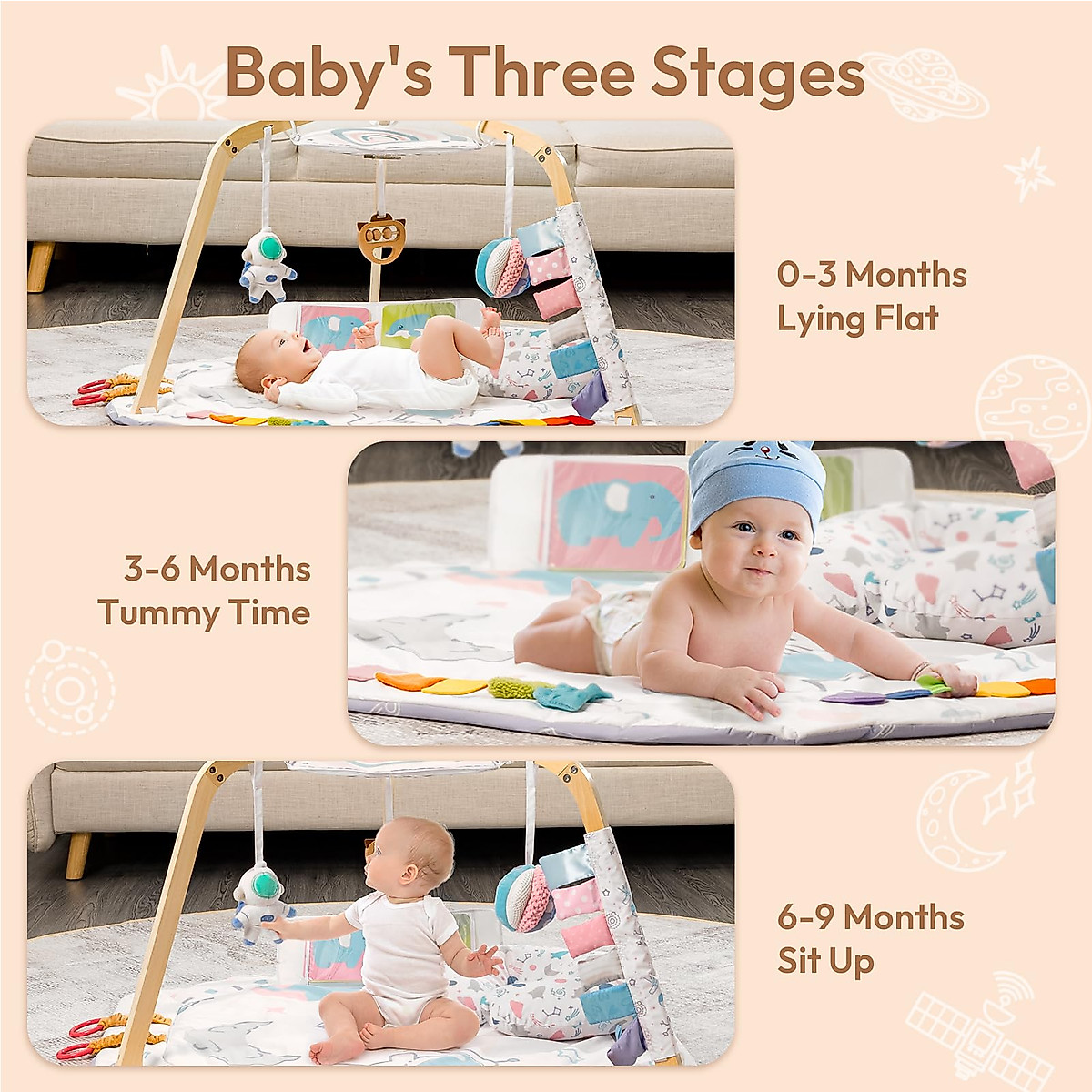 Woodtoe Baby Play Gym Wooden Baby Gym, Montessori Tummy Time Playmats with Natural Wooden Legs, Early Development Activity Gym, Newborn Gift for Infant to Toddler, 0-12 Months