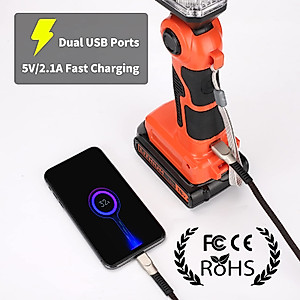 Taingwei 2000LM LED Work Light for black and decker 20v lithium battery, 25W Flashlight for Camping, Car Repairing, Emergency and Job Site Lighting