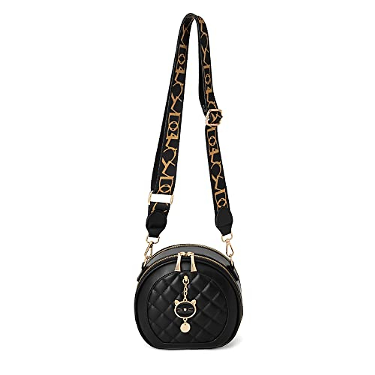 CHERUTY Crossbody Bags for Women, Cute Cross Body Bag Purses, Quilted Faux Leather Round Purse with Cat Pendant (Black)