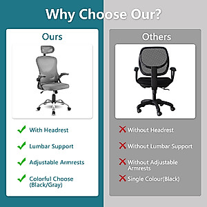 VECELO High Back Ergonomic Office Chair with Adjustable Headrest Armrest, Mesh Lumbar Support, Swivel Wheels for Home Study Work, Gray