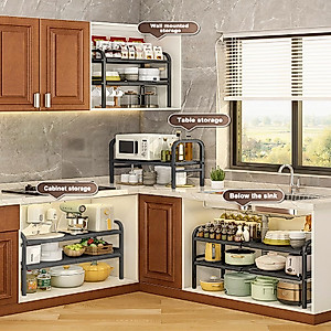 TLCHEN 2 Tier Under Sink Organizers and Storage,Expandable Cabinet Shelf Organizer,with 8 Removable Panels Multi-Purpose Storage Shelf,for Kitchen Bathroom Storage Rack(BLACK)